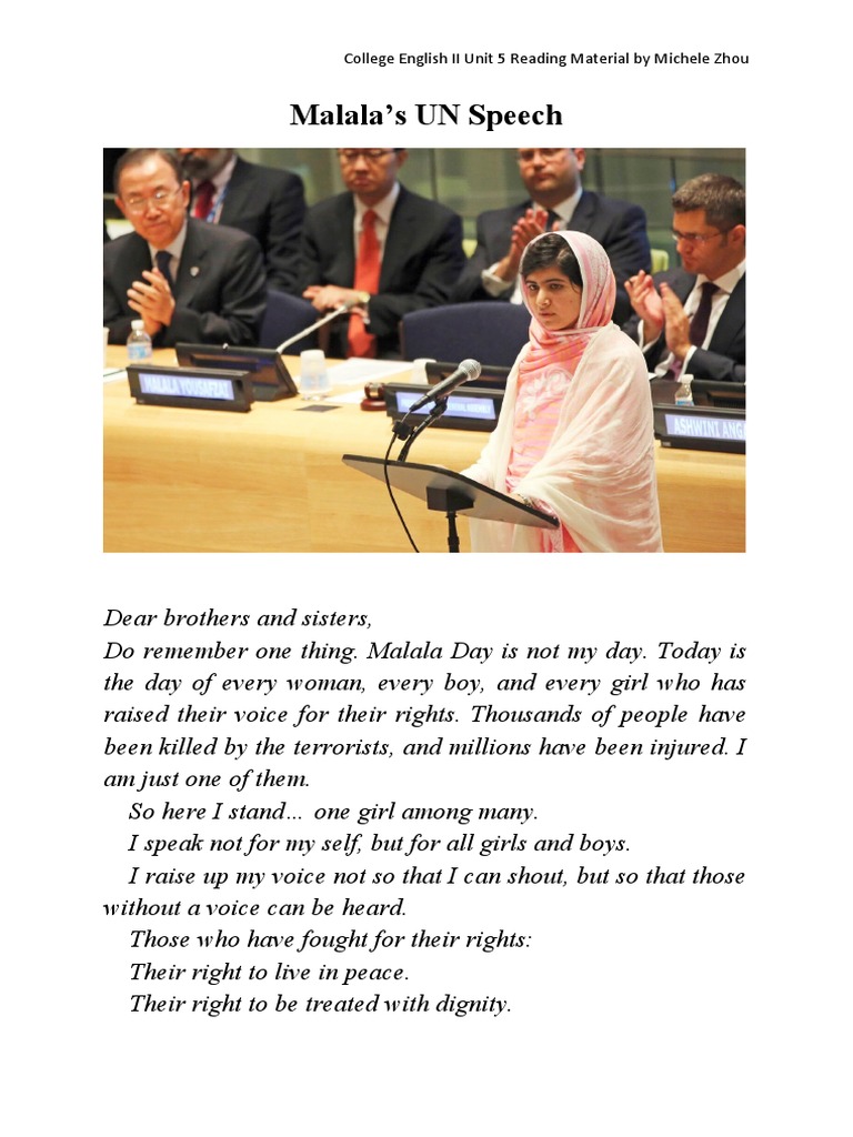Malala's UN Speech Based On Her Biography | PDF | Malala Yousafzai