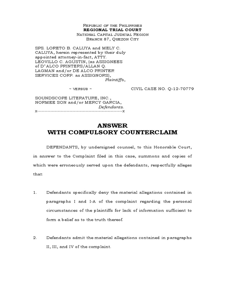 Answer With Compulsory Counterclaim | PDF | Lawsuit | Complaint