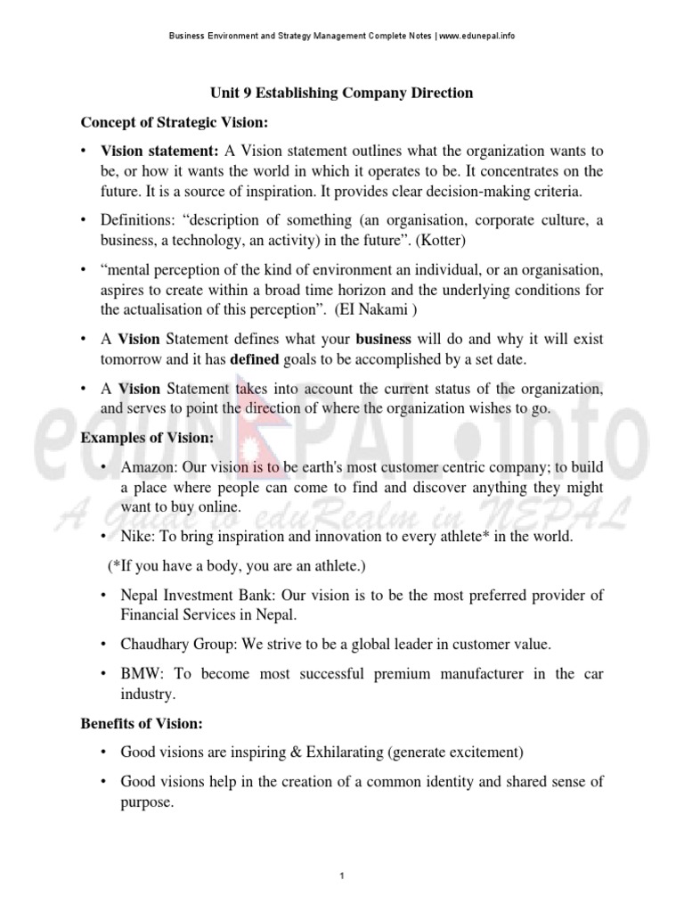 Unit 9 Establishing Company Direction Concept of Strategic Vision | PDF ...