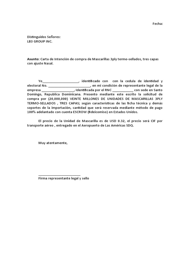 MODELO, LOI Carta Intencion de Compra | PDF