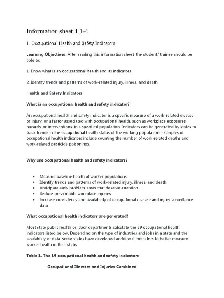 Information Sheet 4.1-4: 1. Occupational Health and Safety Indicators ...