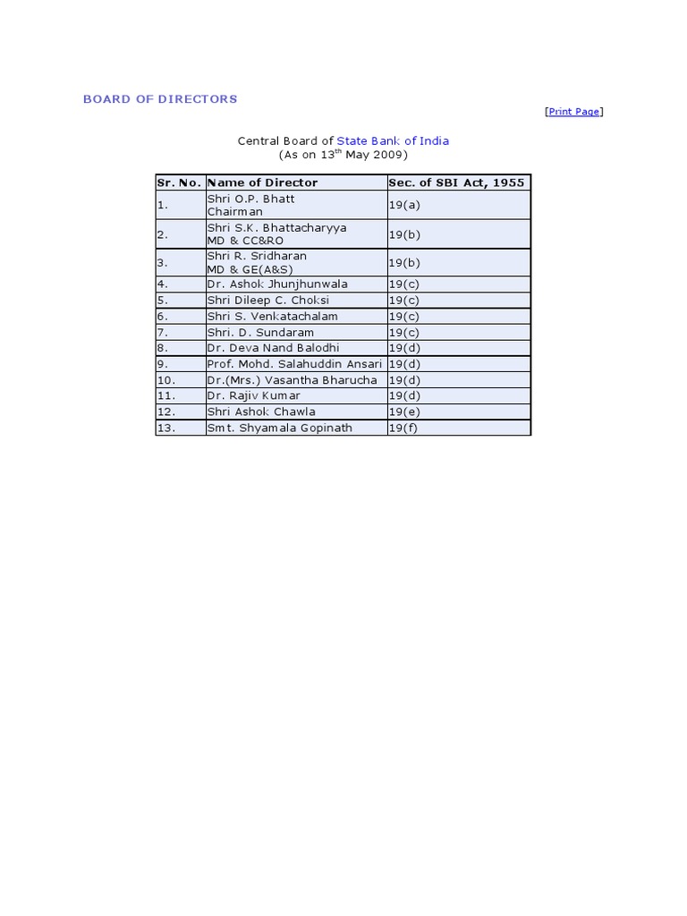 SBI Board of Directors List 2009 | PDF