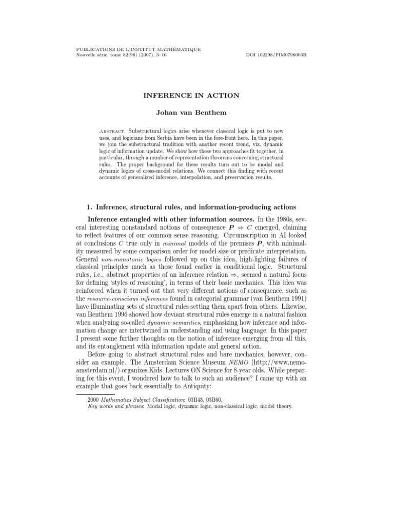 Inference in Action Johan Van Benthem | PDF | Logical Consequence | Modal Logic