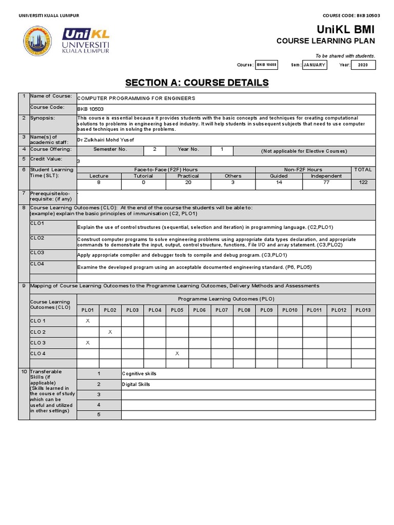 Unikl Bmi: Section A: Course Details | PDF | Control Flow | Array Data Type