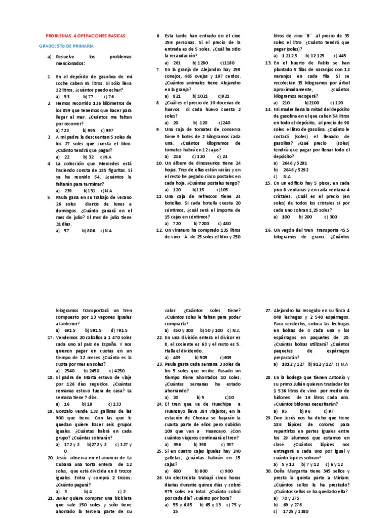 Problemas de Las 4 Operaciones Basicas | Descargar gratis PDF ...