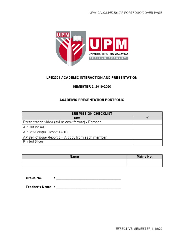 Lpe2301 AP Portfolio Cover Page Sem2.19.20 | PDF