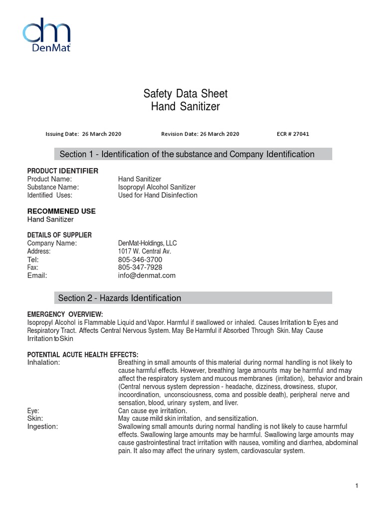 Safety Data Sheet Hand Sanitizer: Section 1 - Identification of The ...