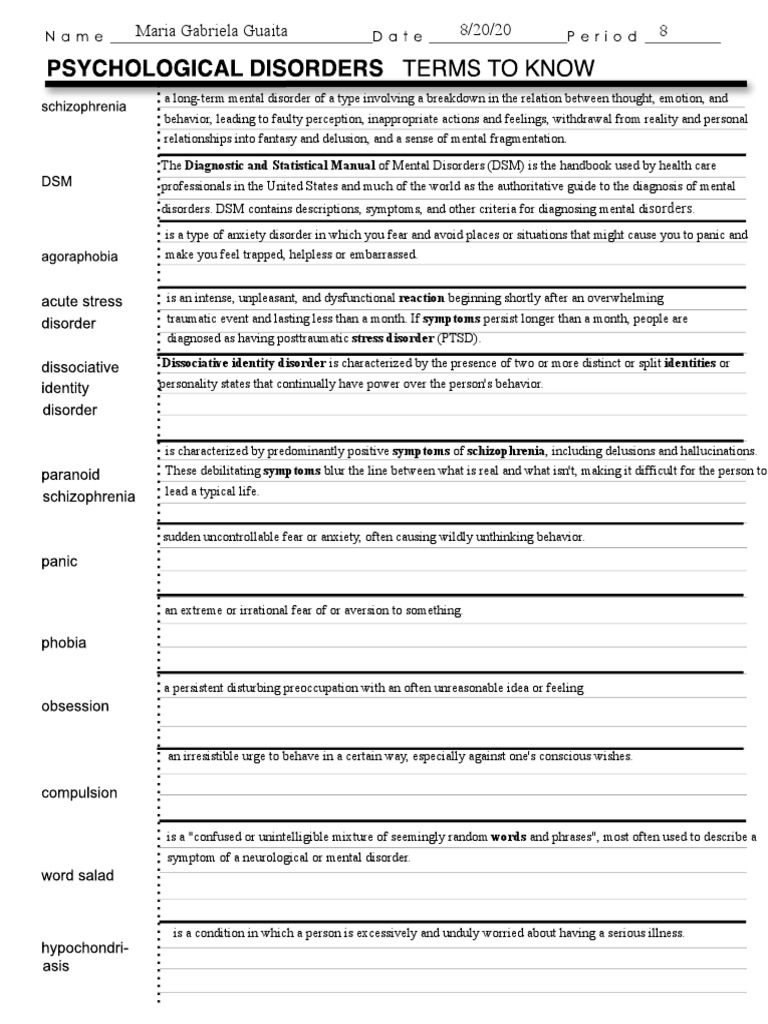 Psychology Disorders Terms Worksheet PDF | PDF | Personality Disorder ...