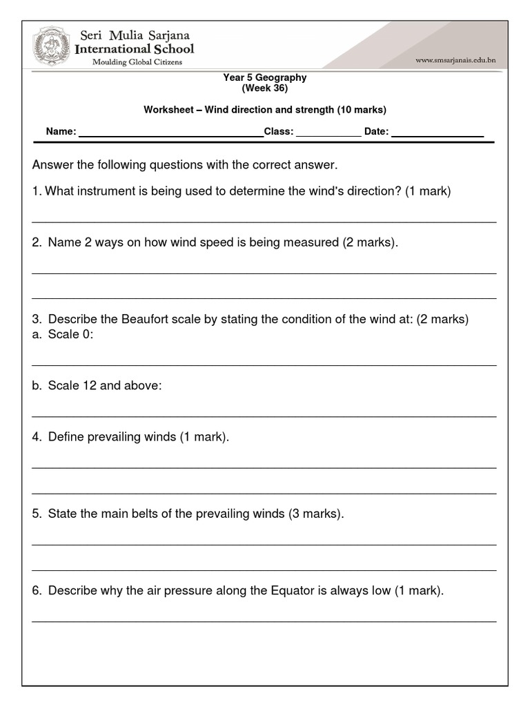 Year 5 Geography (Week 36) Worksheet - Wind Direction and Strength (10 ...