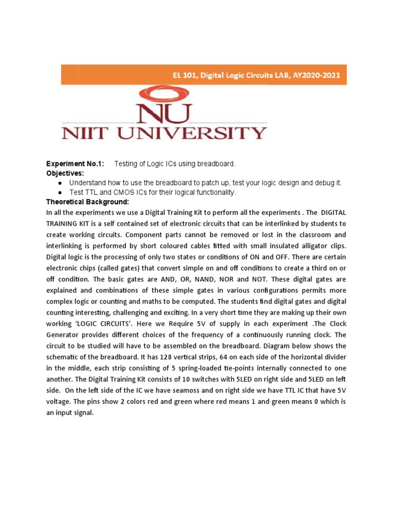 Experiment No.1: Testing of Logic Ics Using Breadboard. Objectives ...