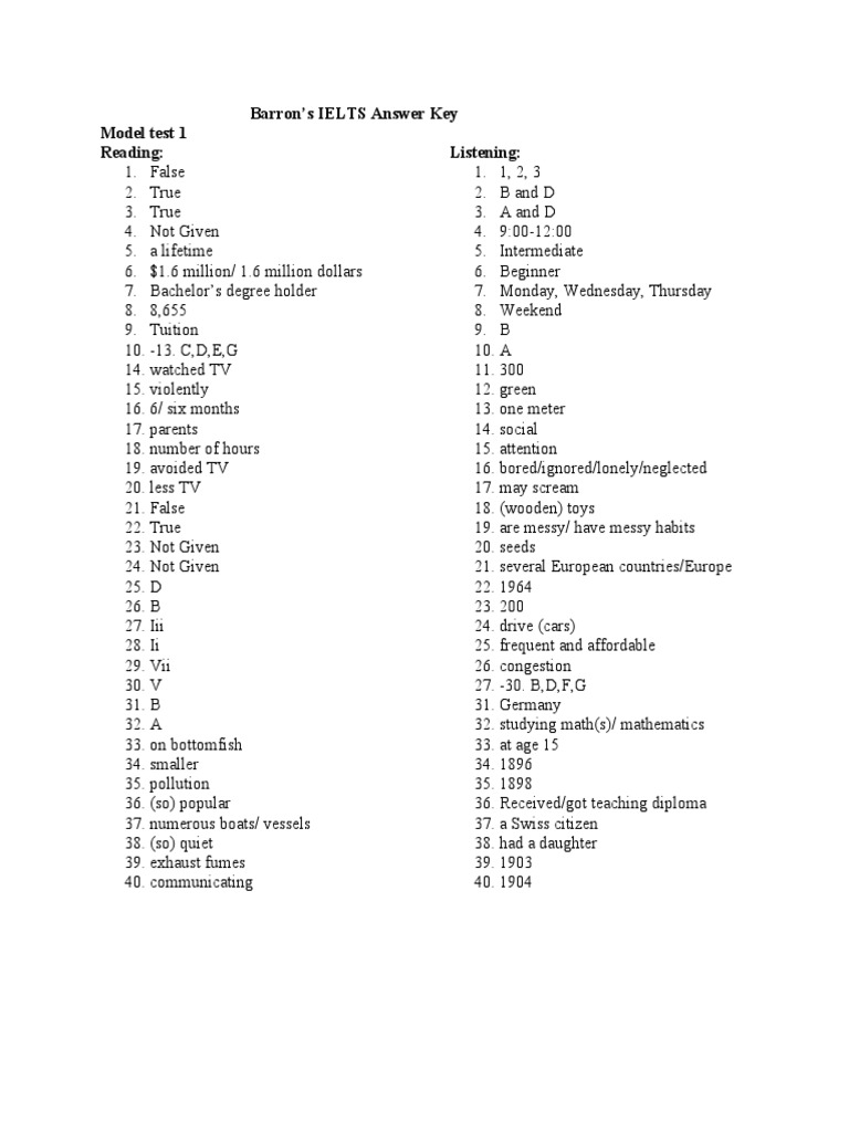 Barron's IELTS Answer Key Model Test 1 Reading: Listening | PDF