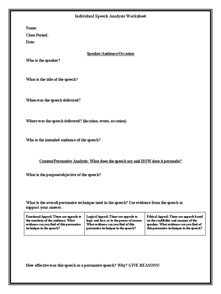 Speech Analysis Worksheet - American Rhetoric | PDF