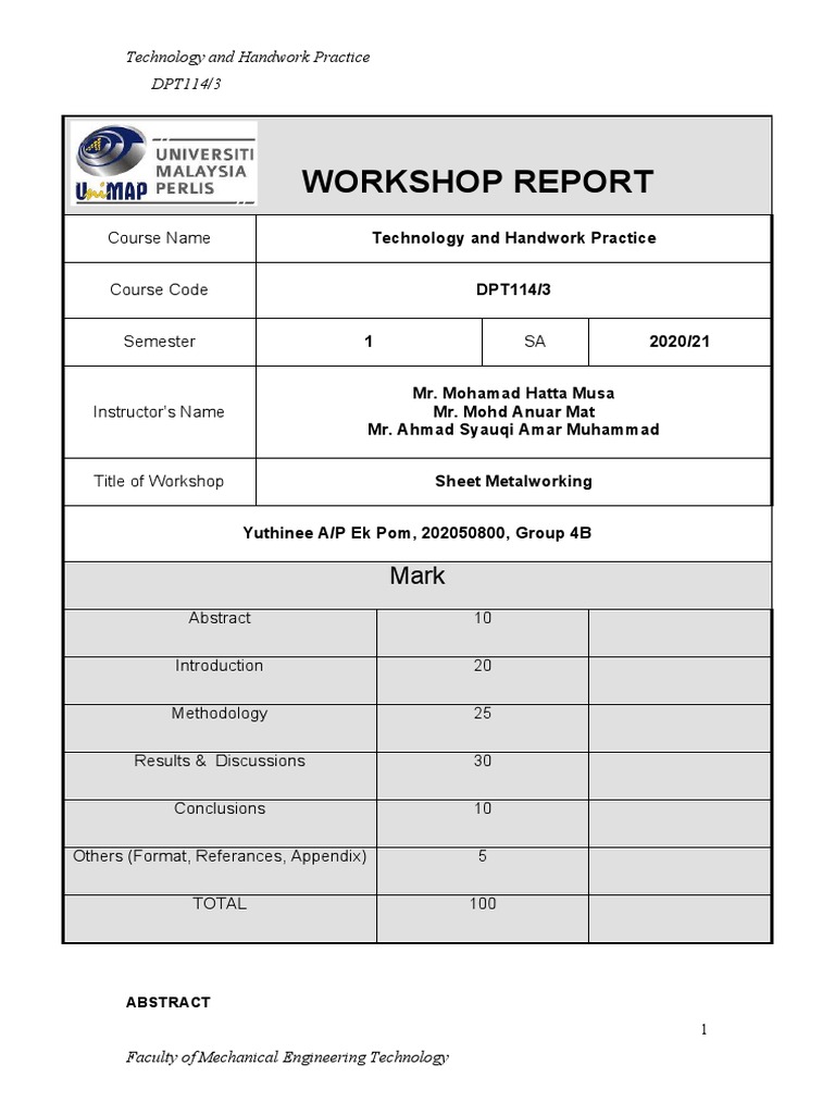 WORKSHOP REPORT Sheet Metalworking | PDF | Sheet Metal | Metalworking