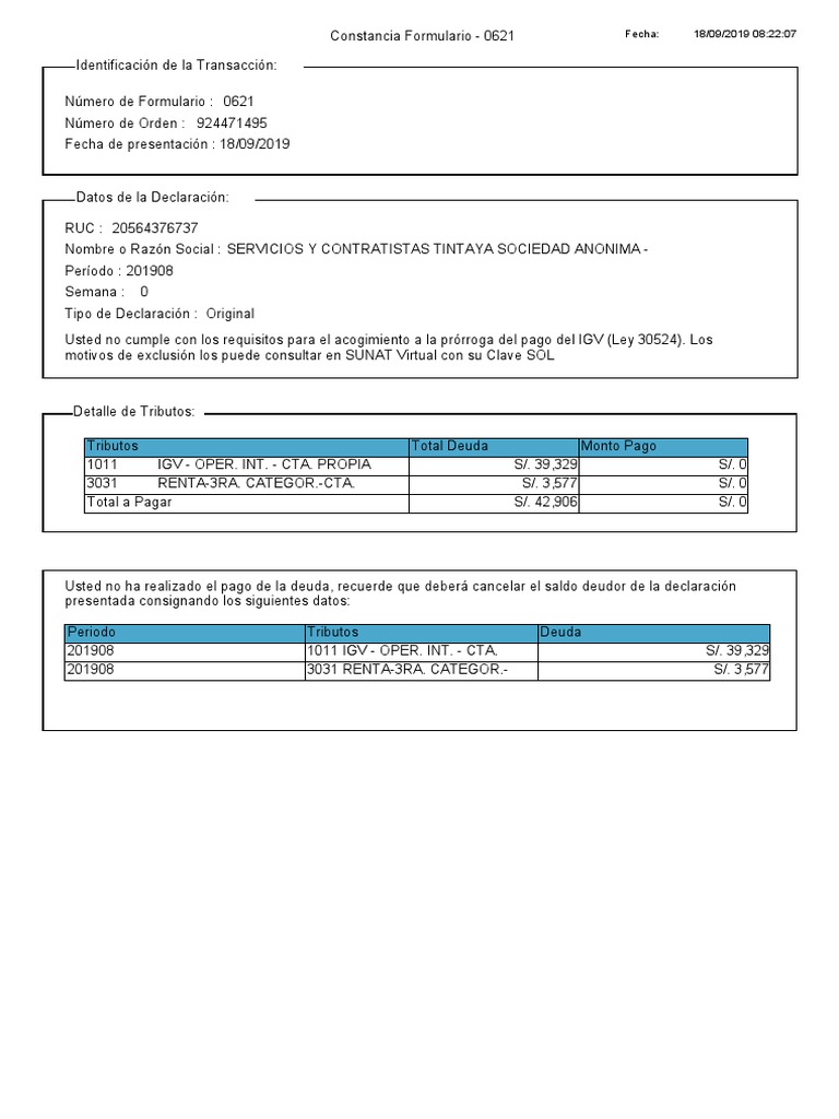 Constancia PDT 621 201908 - Secontsa | PDF