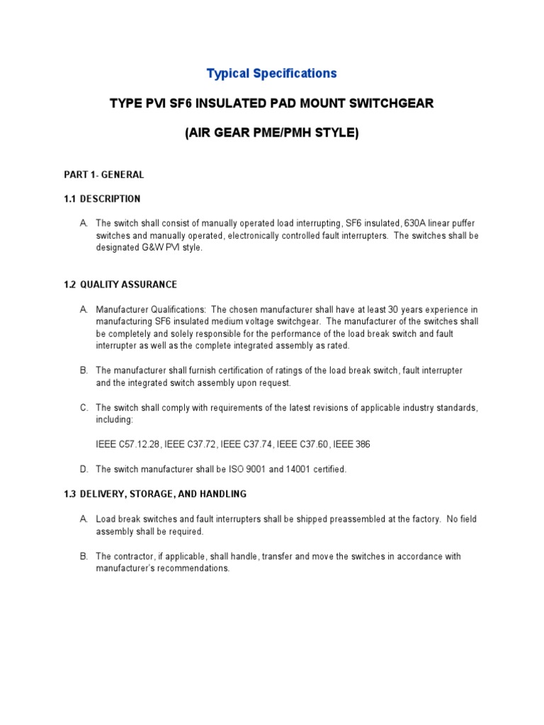 Type Pvi Sf6 Insulated Pad Mount Switchgear (Air Gear Pme/Pmh Style ...