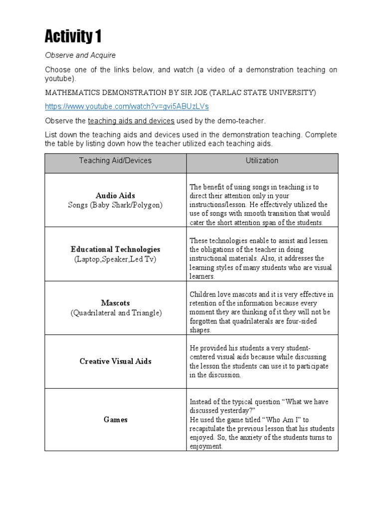 Activity 1: Observe and Acquire | Download Free PDF | Teachers ...