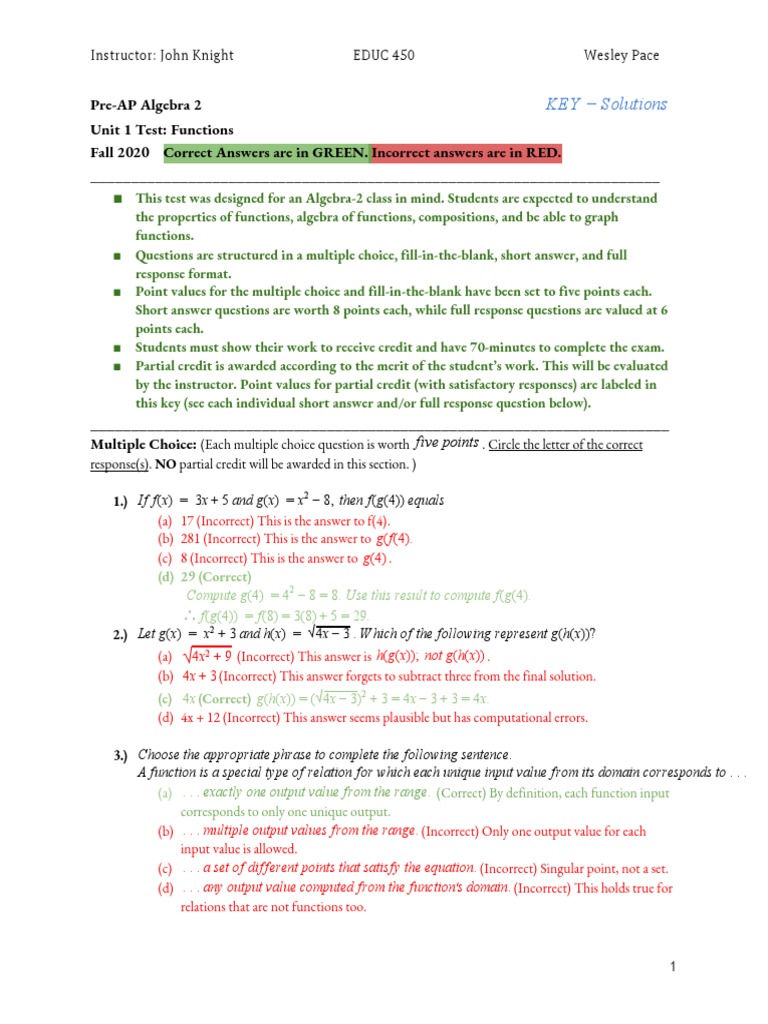 Pre-Ap Algebra 2 Test Key | PDF | Multiple Choice | Function (Mathematics)