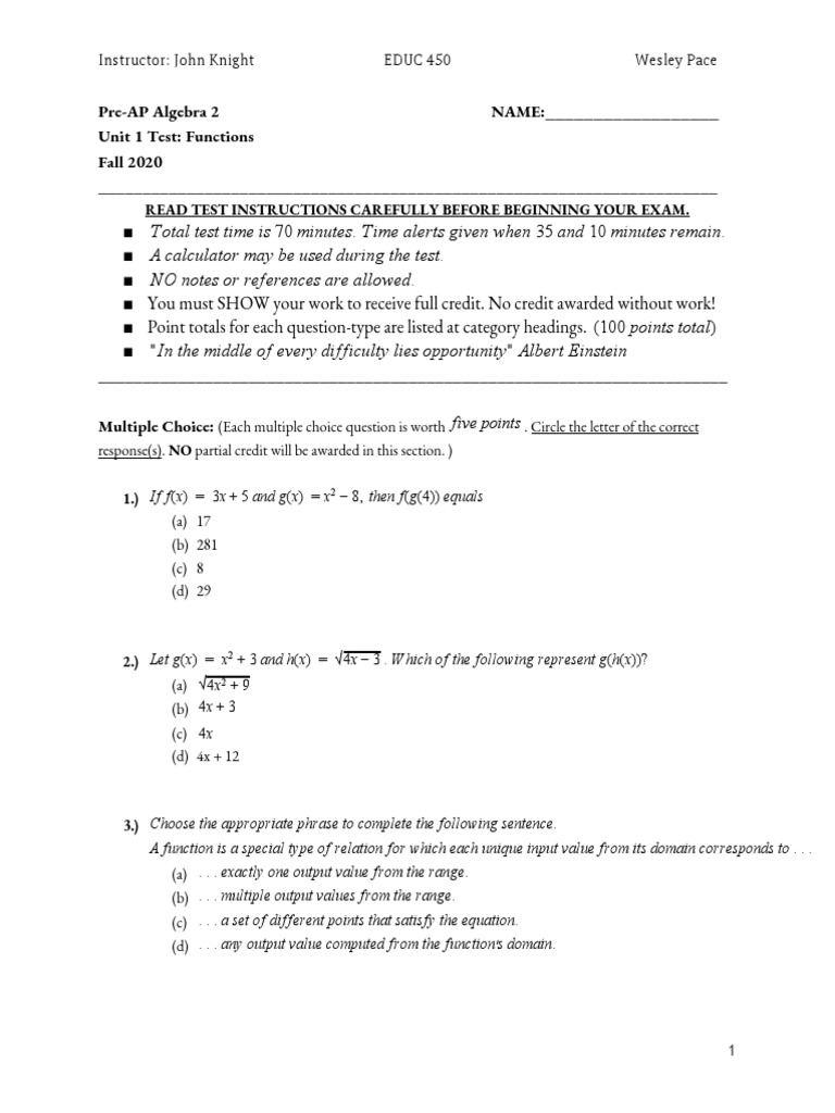 Pre-Ap Algebra 2 Test | PDF | Function (Mathematics) | Analysis