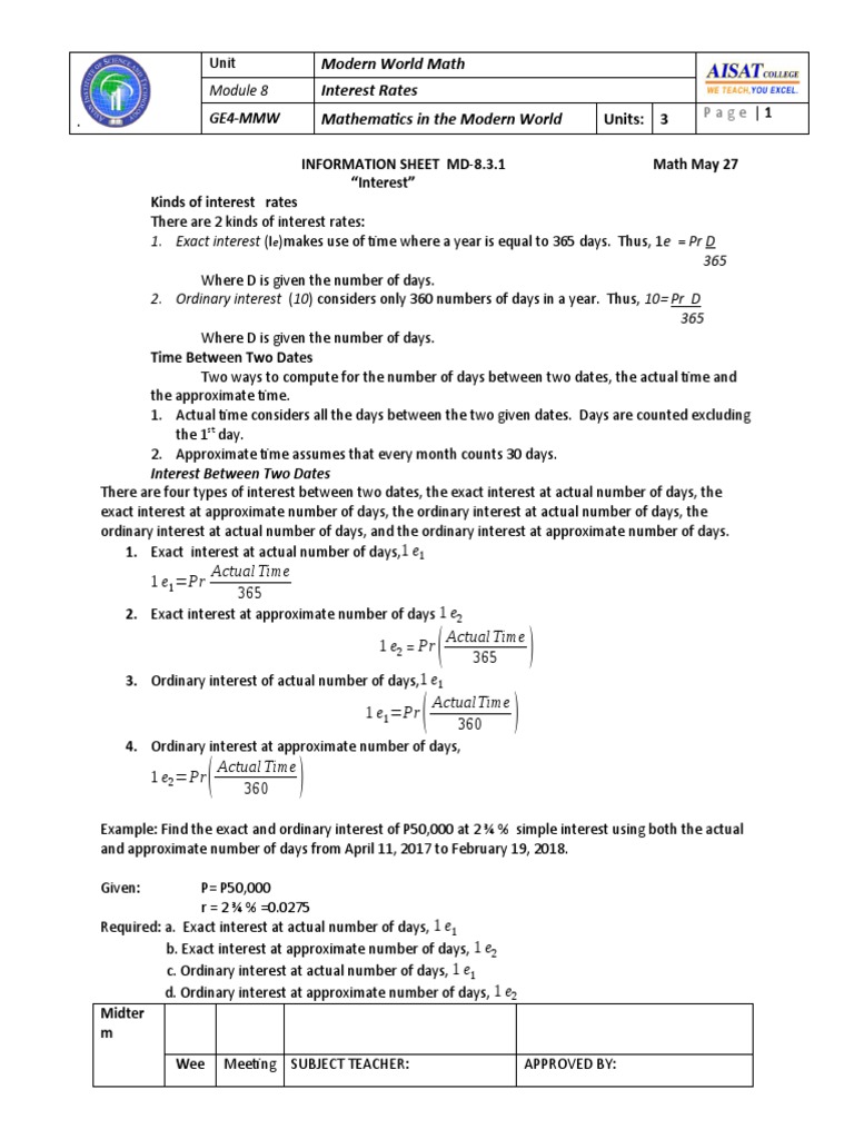 Ge4-Mmw: Modern World Math Interest Rates Mathematics in The Modern ...