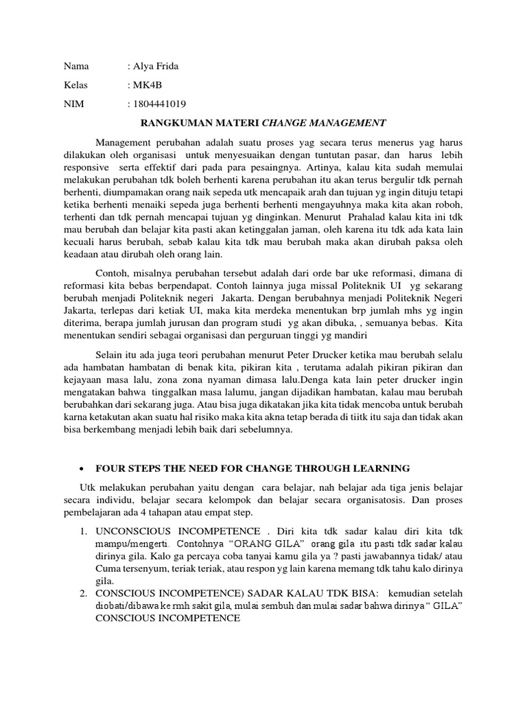 MK4B - Alya Frida - 1804441019 - Rangkuman CHANGE MANAGEMENT | PDF ...