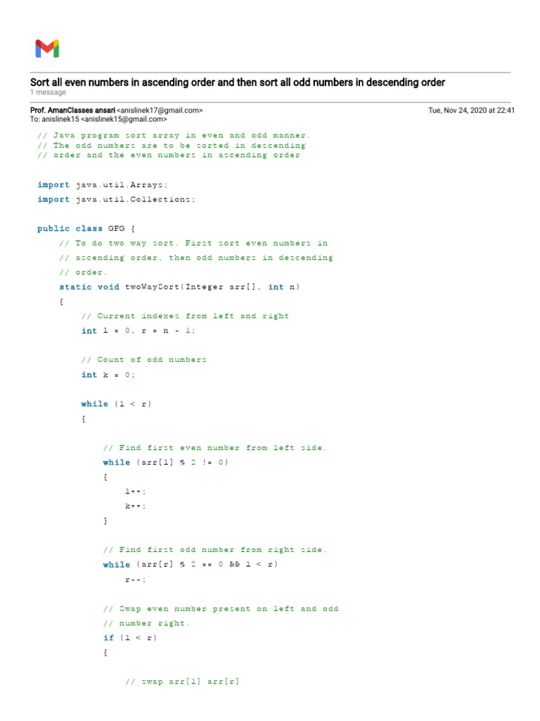 Gmail - Sort All Even Numbers in Ascending Order and Then Sort All Odd ...