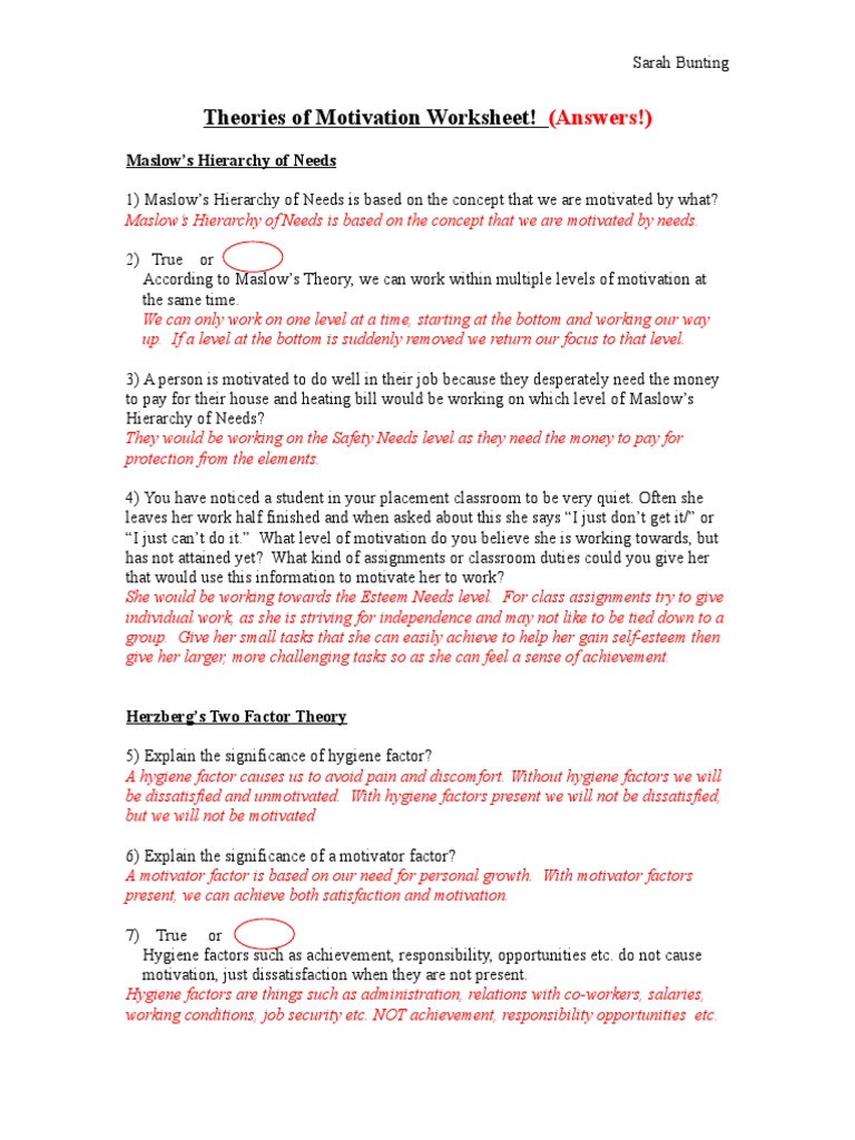 Theories of Motivation Worksheet Answers | PDF | Experimental ...