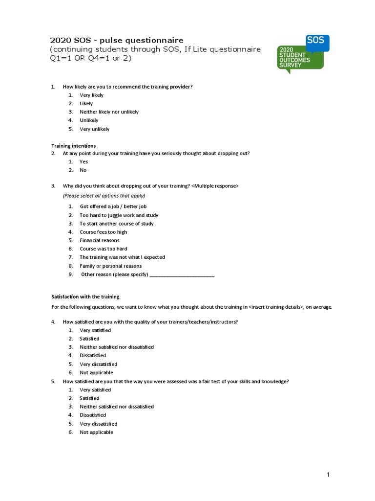 Continuing Students Through SOS, If Lite Questionnaire Q1 1 OR Q4 1 or ...