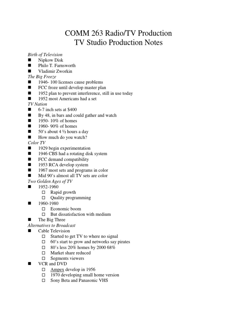COMM 263 Radio/TV Production TV Studio Production Notes: Birth of ...