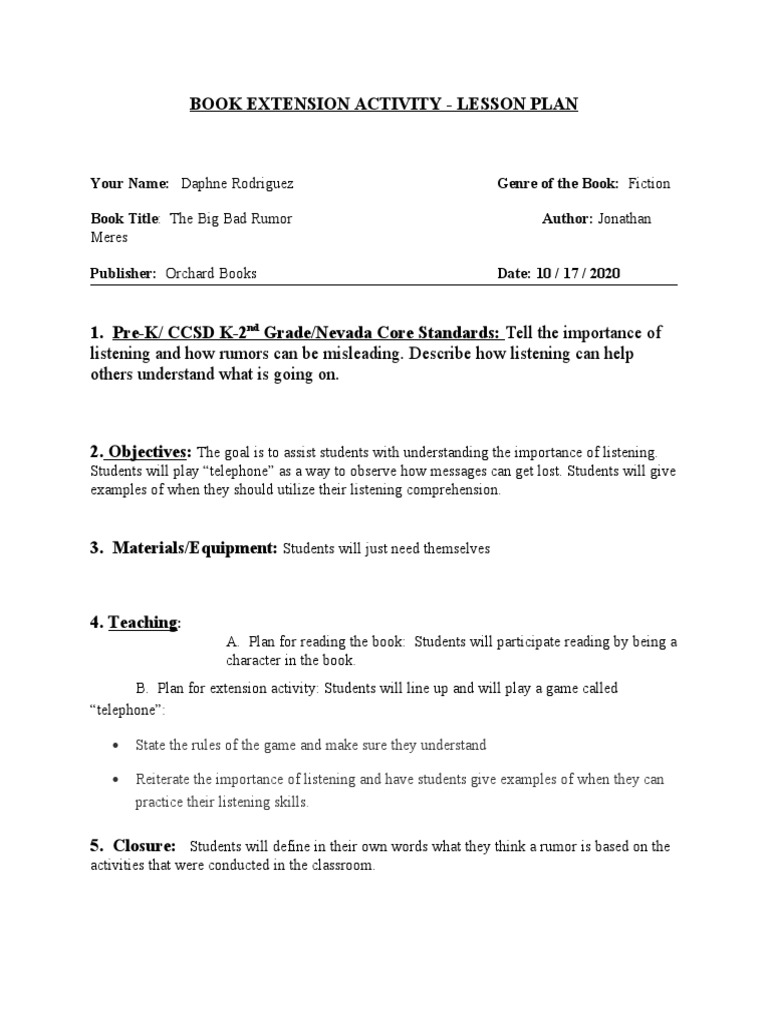 Book Extension Activity - Lesson Plan | PDF | Social Science