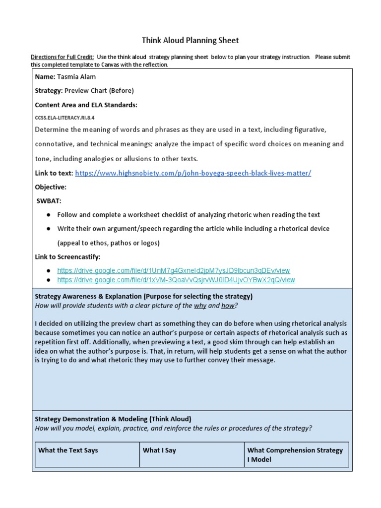Think Aloud Planning Sheet | Download Free PDF | Rhetoric | Reading ...