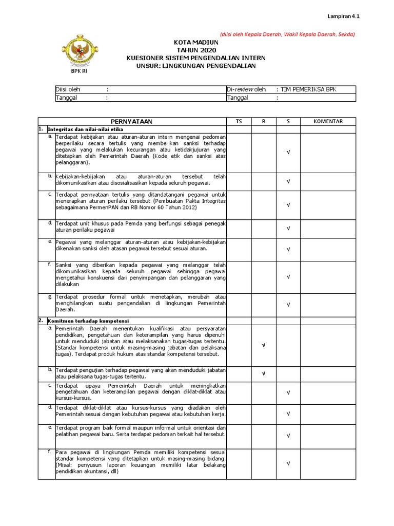 Kuesioner - SPI Level Entitas ISI Aris | PDF | Pengelolaan Keuangan & Uang