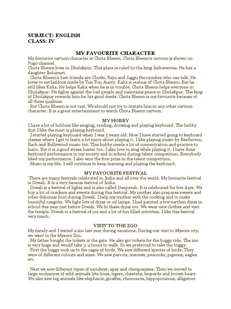 Class 4 Paragraph Writing Topics | PDF | Zoo