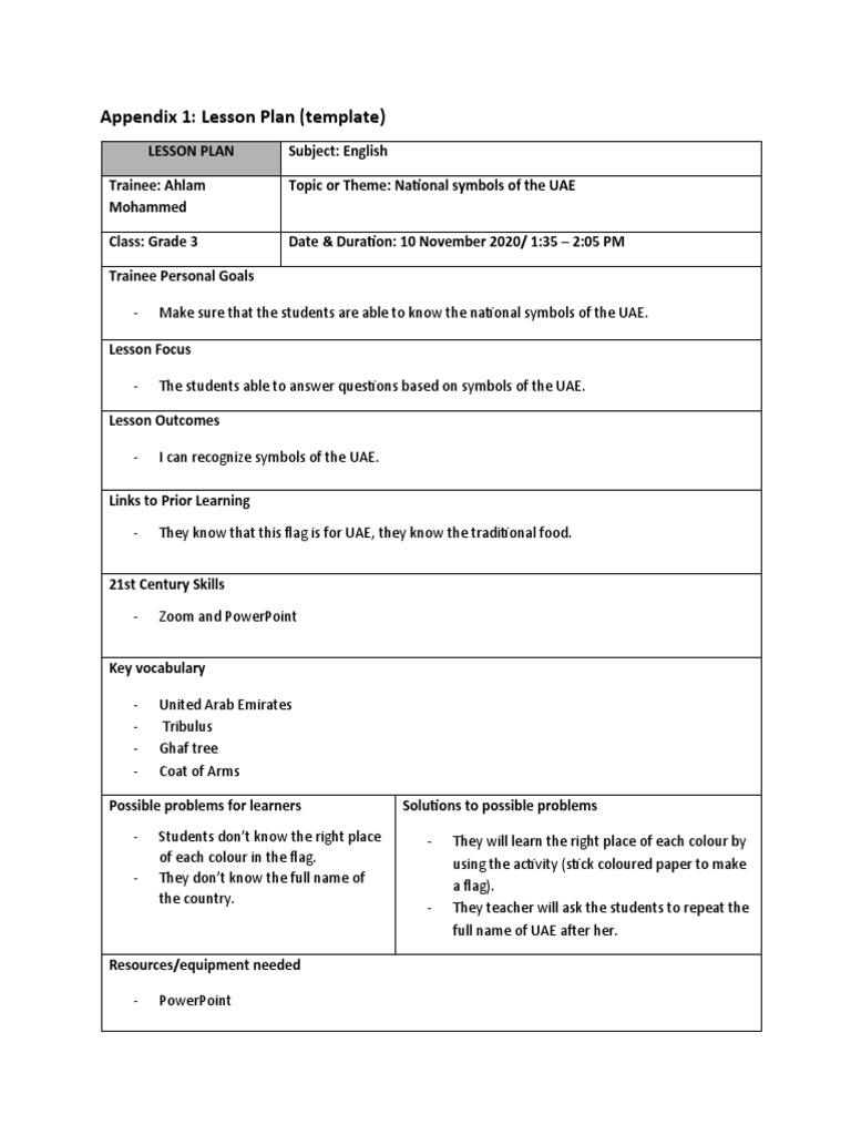 UAE National Symbols Lesson Plan | PDF | Lesson Plan | Teachers