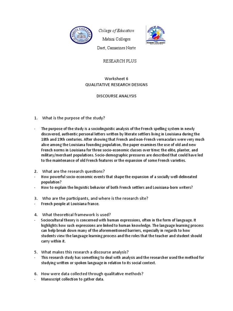 Worksheet 6 Discourse Analysis | PDF | Qualitative Research | Analysis