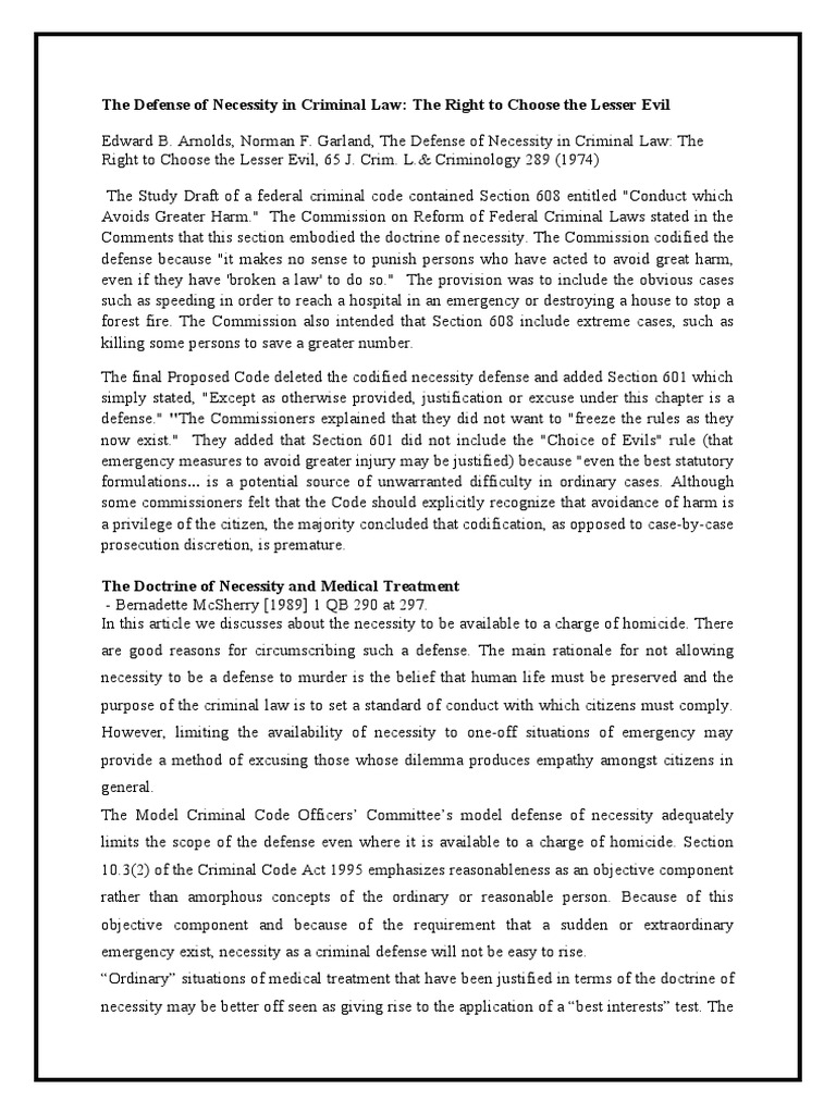 The Defense of Necessity in Criminal Law: The Right To Choose The ...