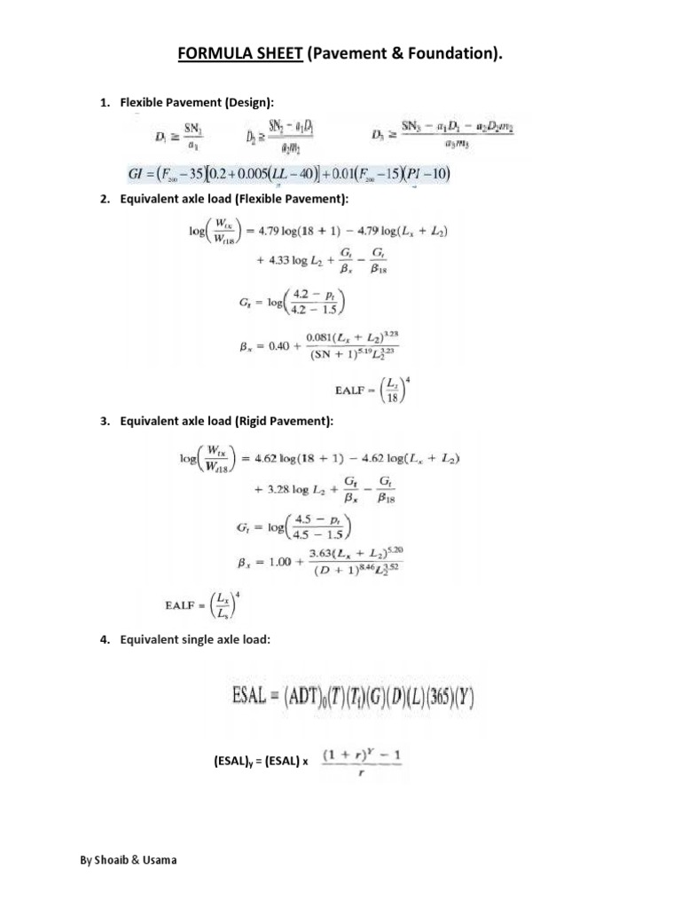 Formula Sheet FORMULA SHEET (Pavement & Foundation) .: 1. Flexible ...