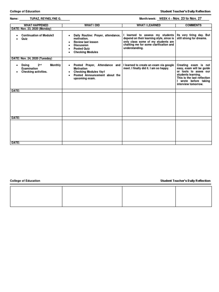 Student Teacher Reflection Week 4 | PDF