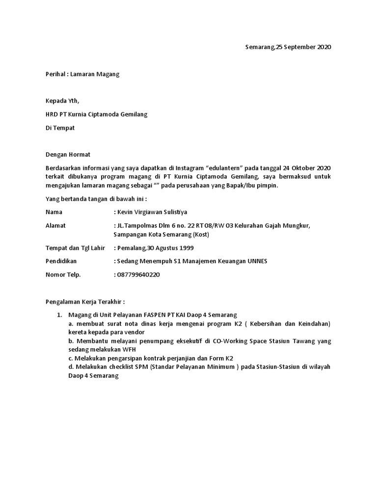 Surat Lamaran Magang | PDF