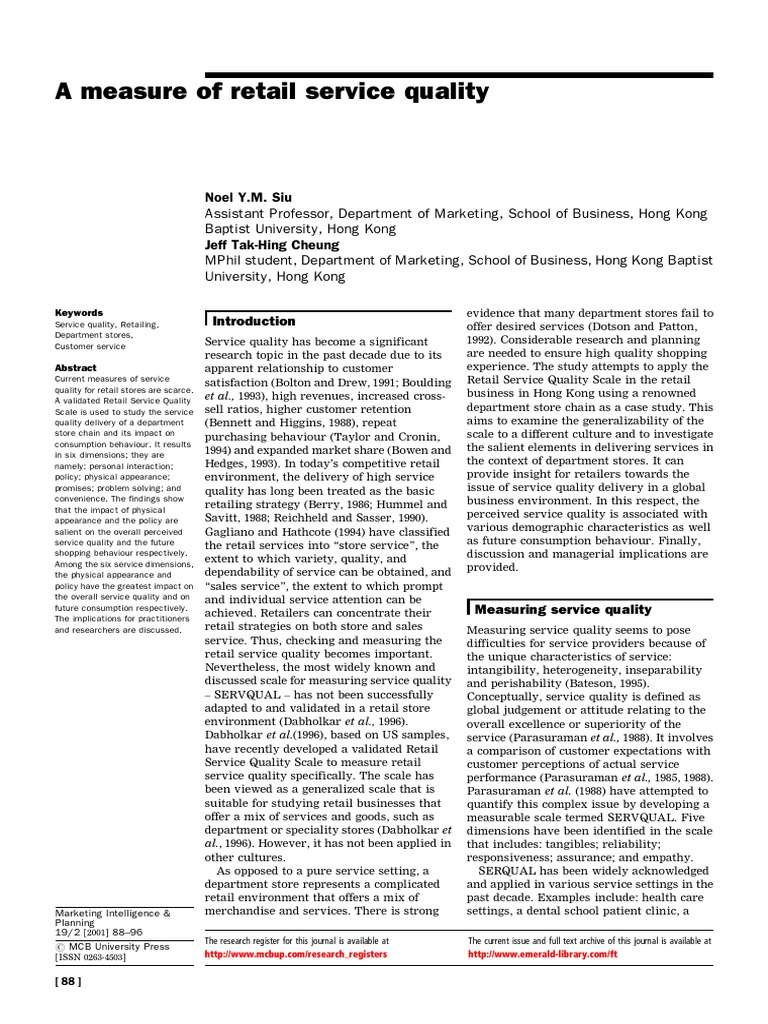 A Measure of Retail Service Quality (Siu 2001) PDF | PDF | Retail ...