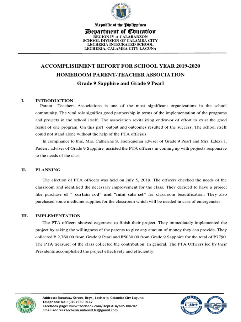 Lecheria Integrated School PTA Report | PDF | Business