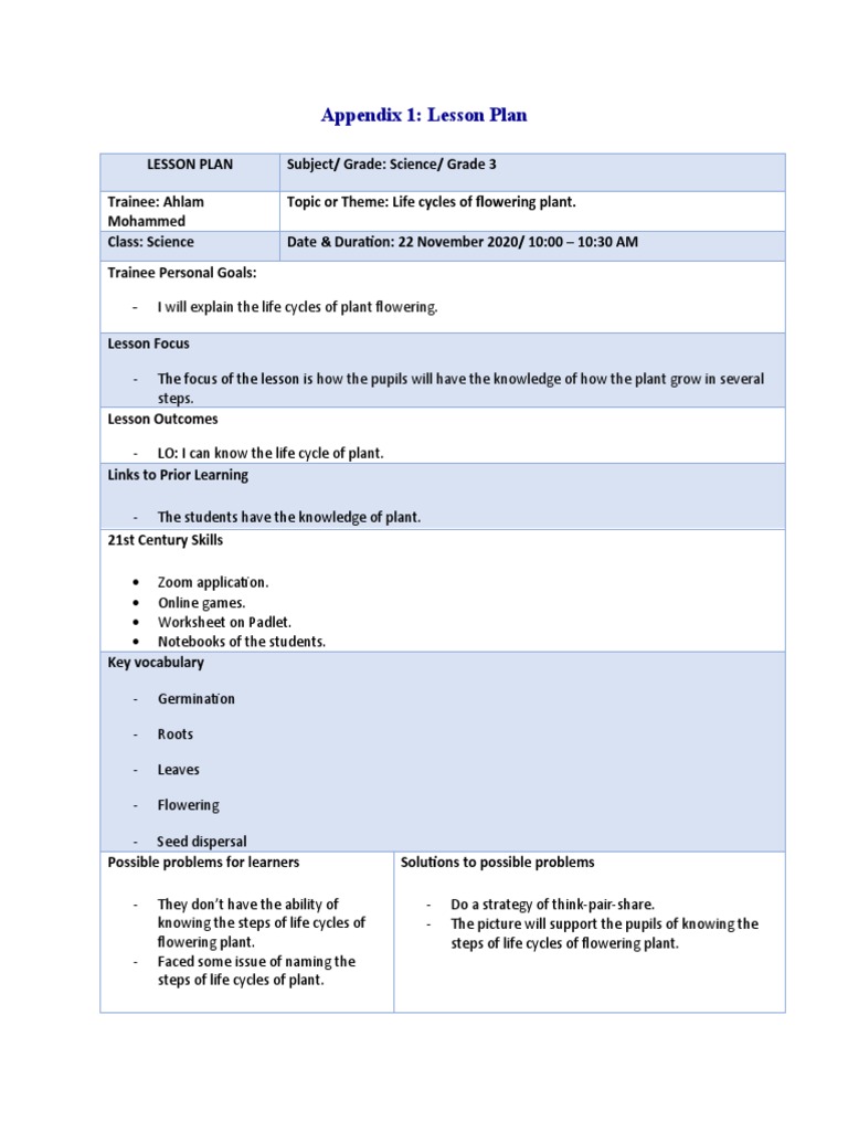 Appendix 1: Lesson Plan: I Will Explain The Life Cycles of Plant Flowering | PDF | Lesson Plan ...