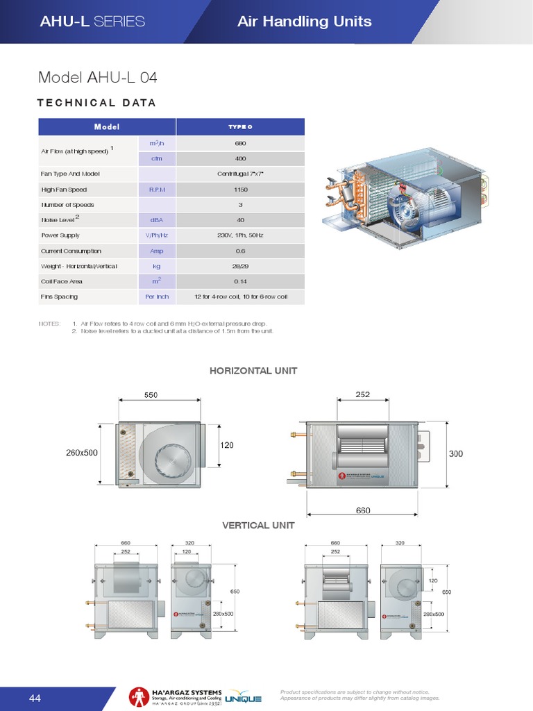 Model AHU-L 04: Technical Data | PDF | Air Conditioning | Noise