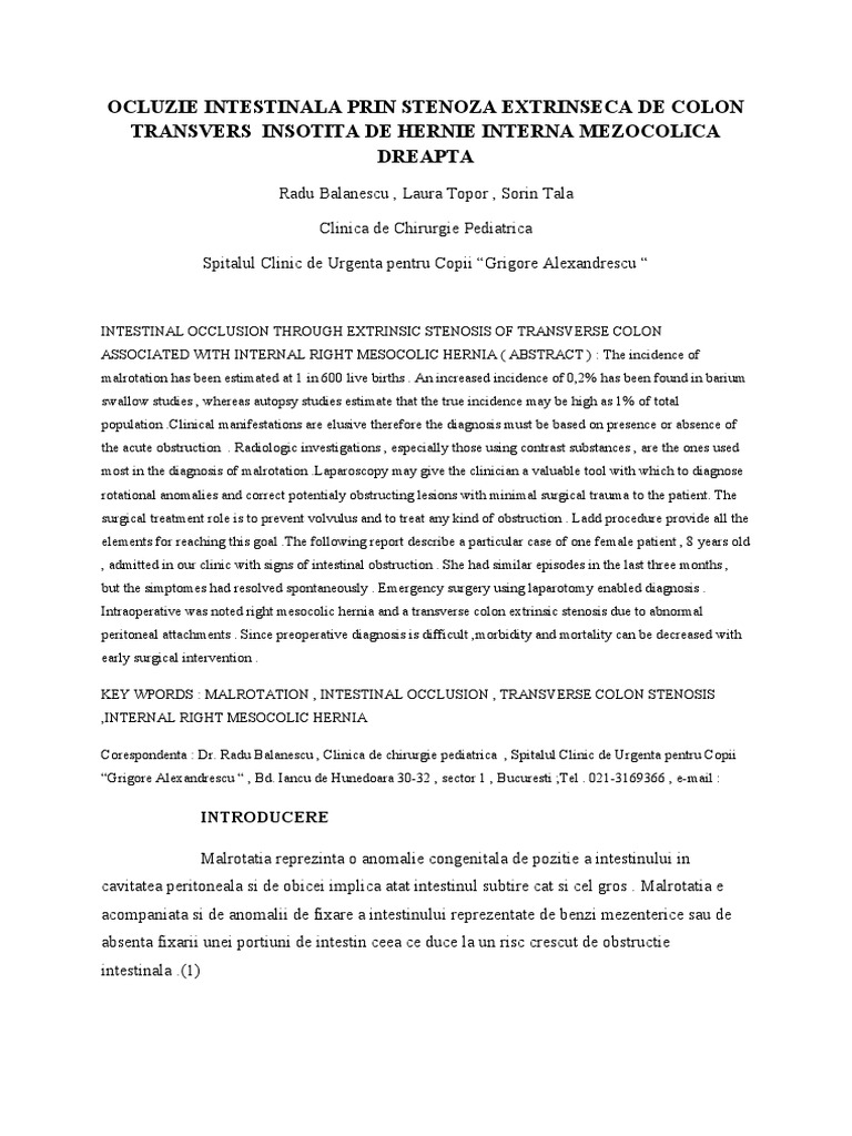 Ocluzie Intestinala Prin Stenoza Extrinseca de Colon Transvers | PDF ...
