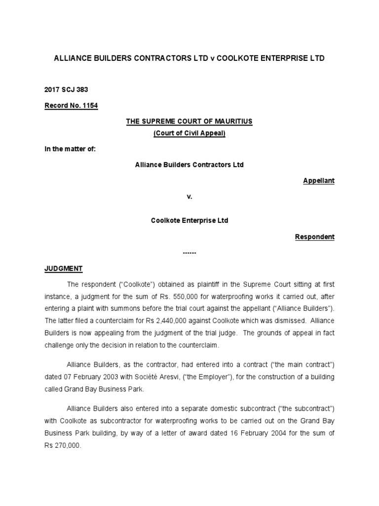 ALLIANCE BUILDERS CONTRACTORS LTD V COOLKOTE ENTERPRISE LTD 2017 SCJ ...