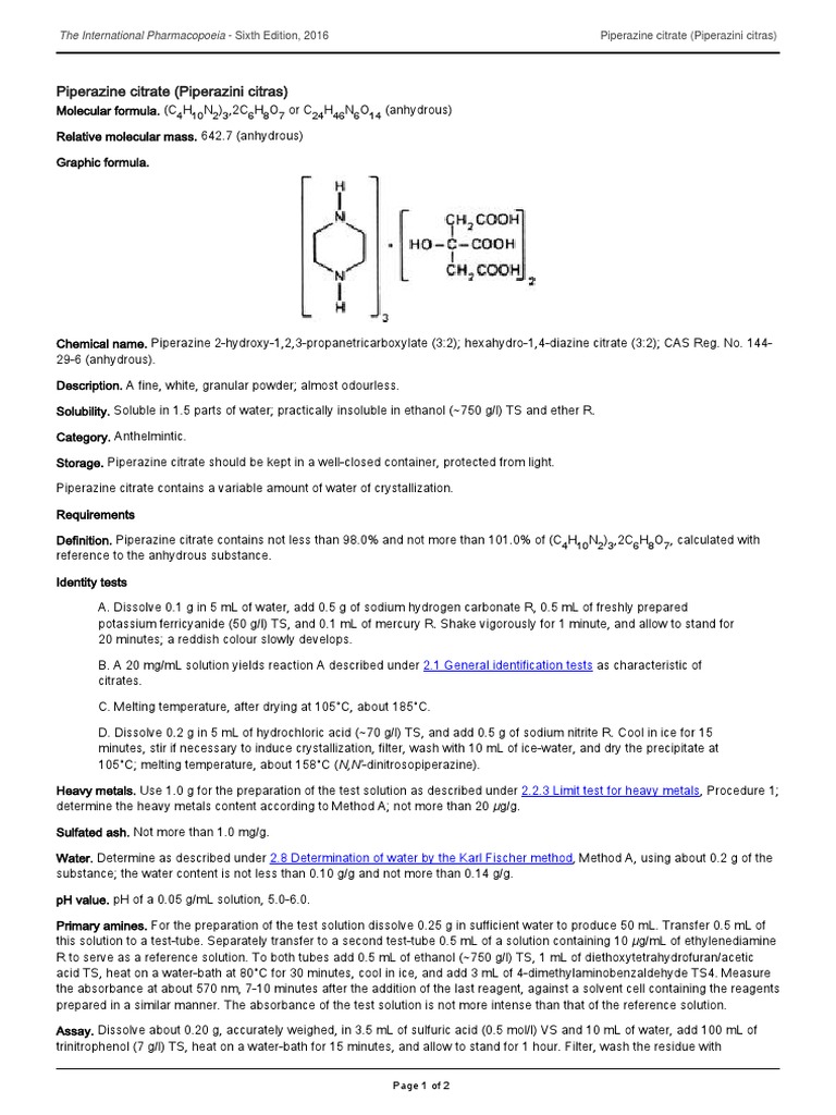 Piperazine Citrate (Piperazini Citras) : The International ...