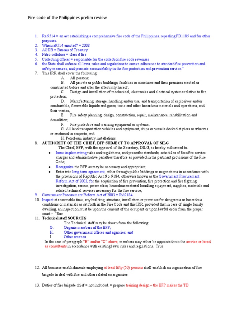 Fire Code of The Philippines Prelim Review: "B" And/or "C" Above ...