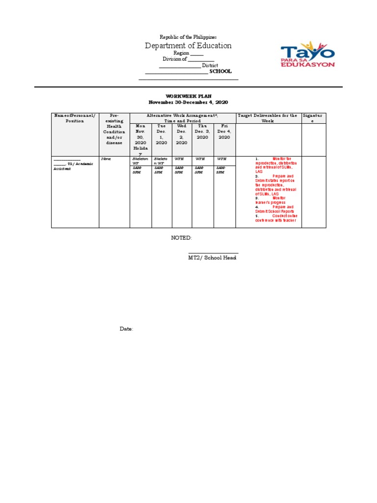School Staff Weekly Work Plan | PDF | Further Education