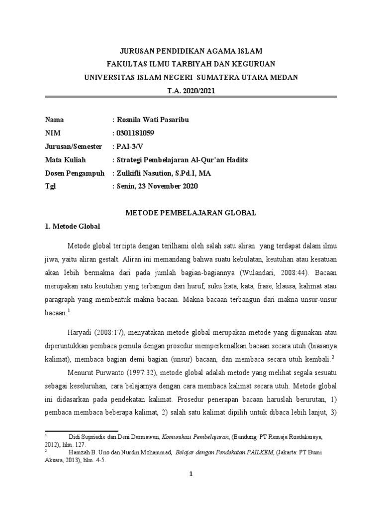Metode Pembelajaran Global - Pai 3 Sem V - Rosnila Wati | PDF