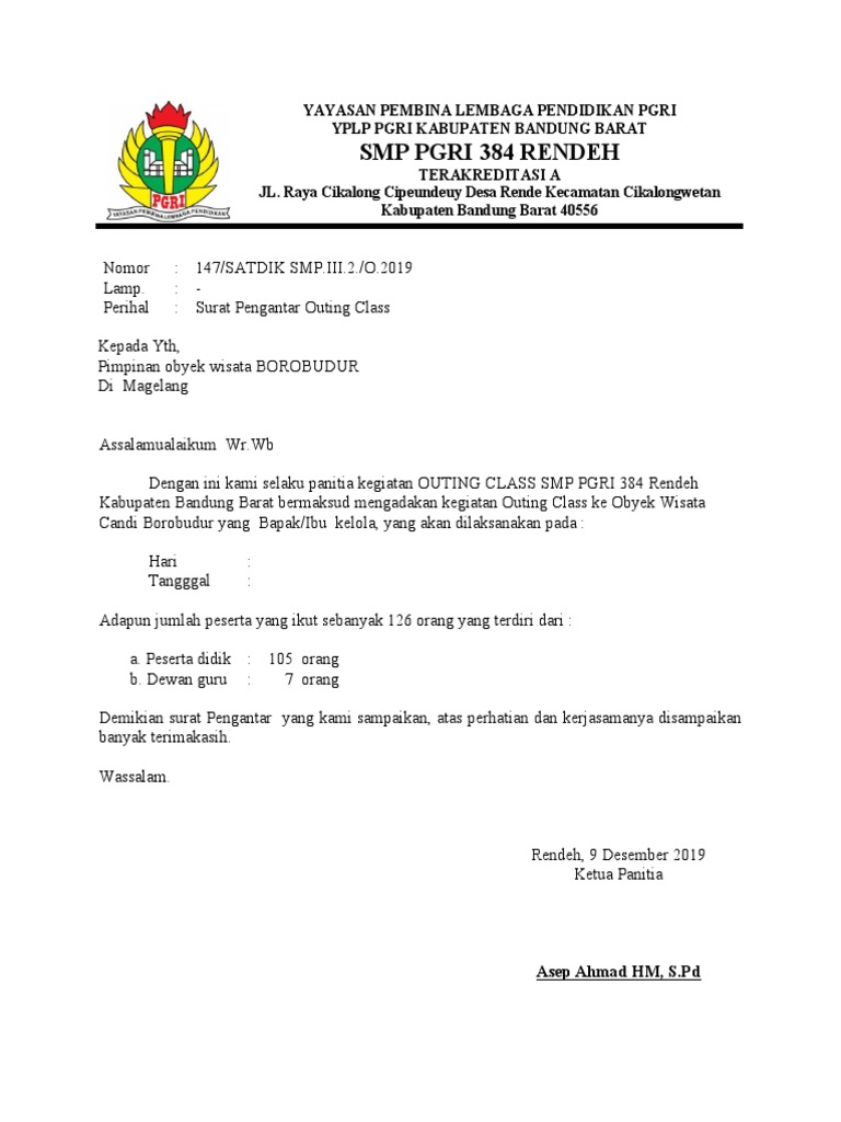 Surat Pengantar Outing Class SMP PGRI 384 | PDF