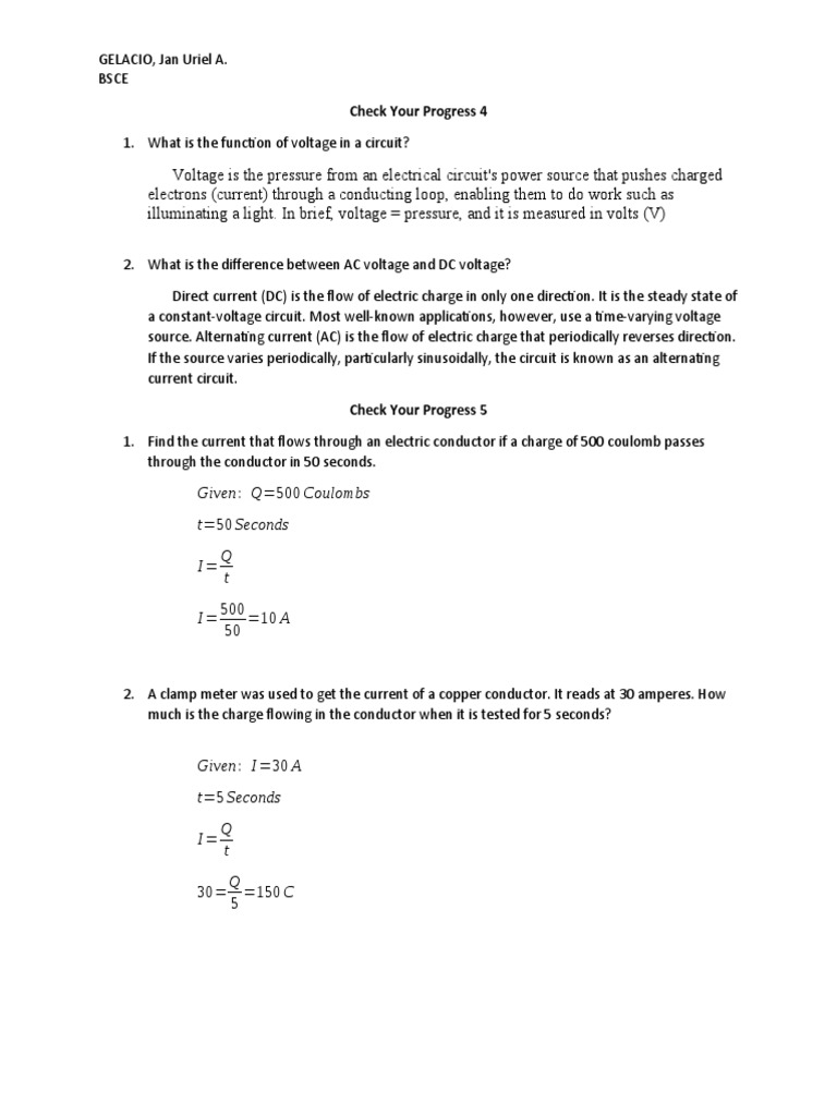 Check Your Progress 4,5,6,7 (GELACIO) | PDF | Voltage | Direct Current